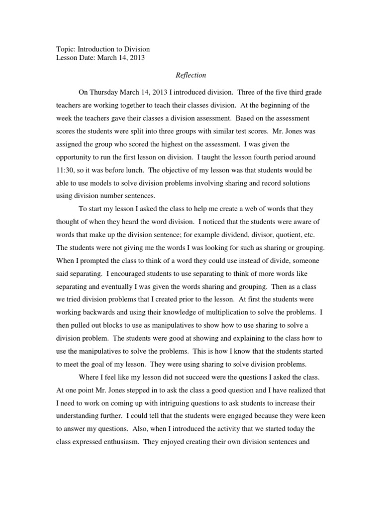 Division Lesson Reflection | PDF | Division (Mathematics) | Educational ...