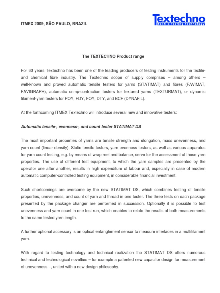 Textechno Testing Instruments at ITMEX 2009 | PDF | Yarn | Strength Of ...