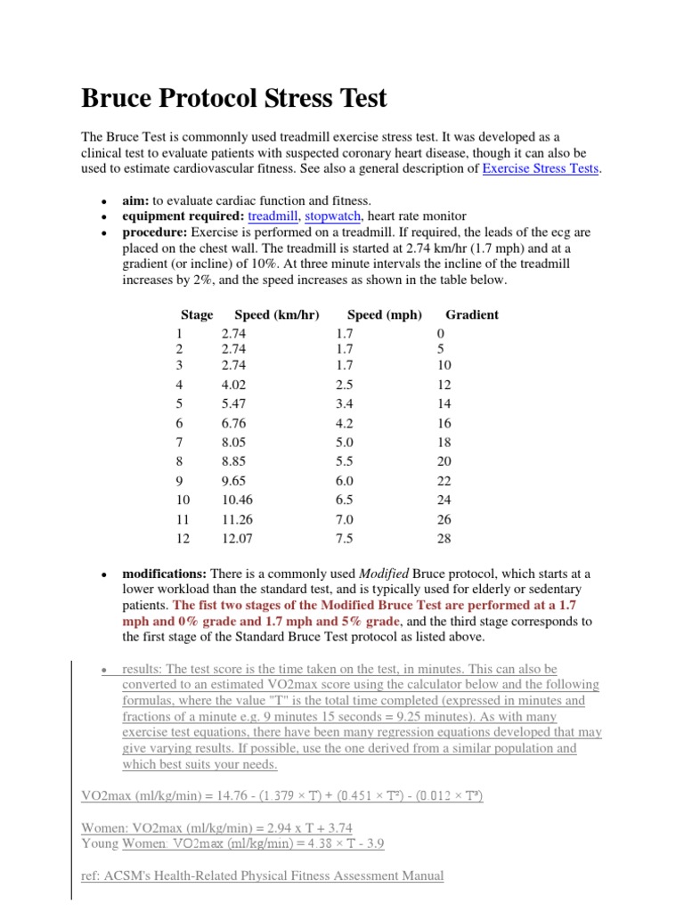 Bruce Protocol Stress Test | PDF | Treadmill | Physical Exercise