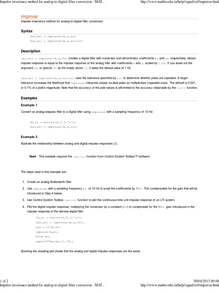 Impulse Invariance Method For Analog-To-Digital Filter Conversion - MATLAB Impinvar - MathWorks ...
