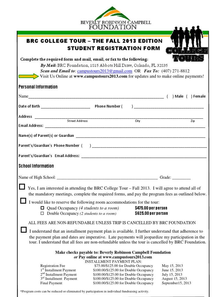 College Tour Student Registration Form Fall 2013 | PDF | Fee | Email