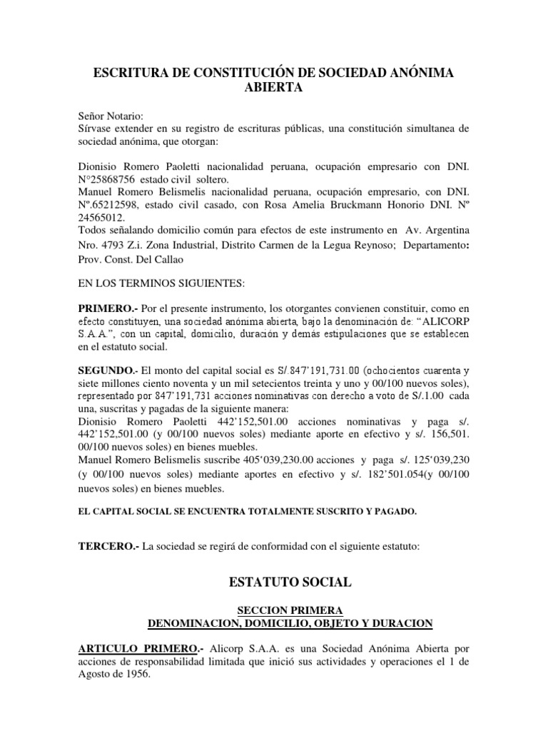 ESCRITURA DE CONSTITUCIÓN DE SOCIEDAD ANÓNIMA ABIERTA | Sociedad de responsabilidad limitada ...