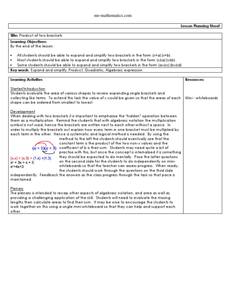 Lesson Plan Two Brackets | PDF | Multiplication | Bracket