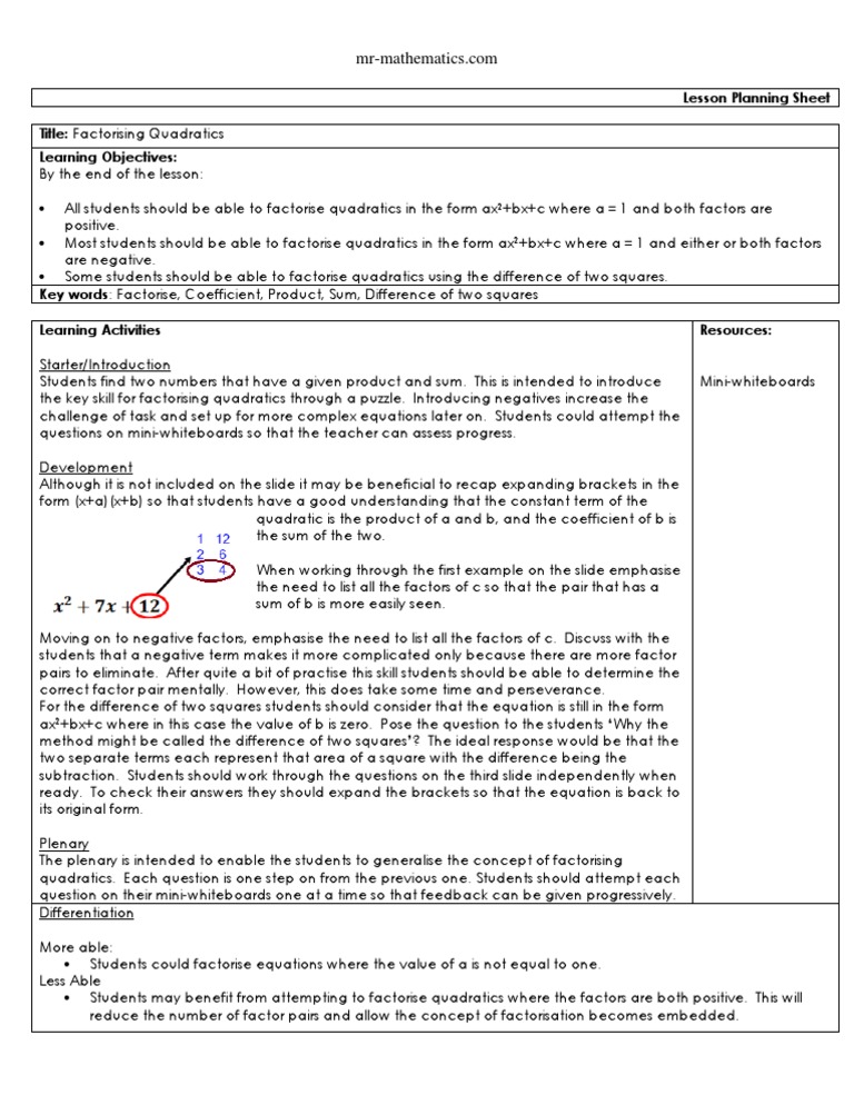 Lesson Plan Factorising Quads | Download Free PDF | Factorization ...