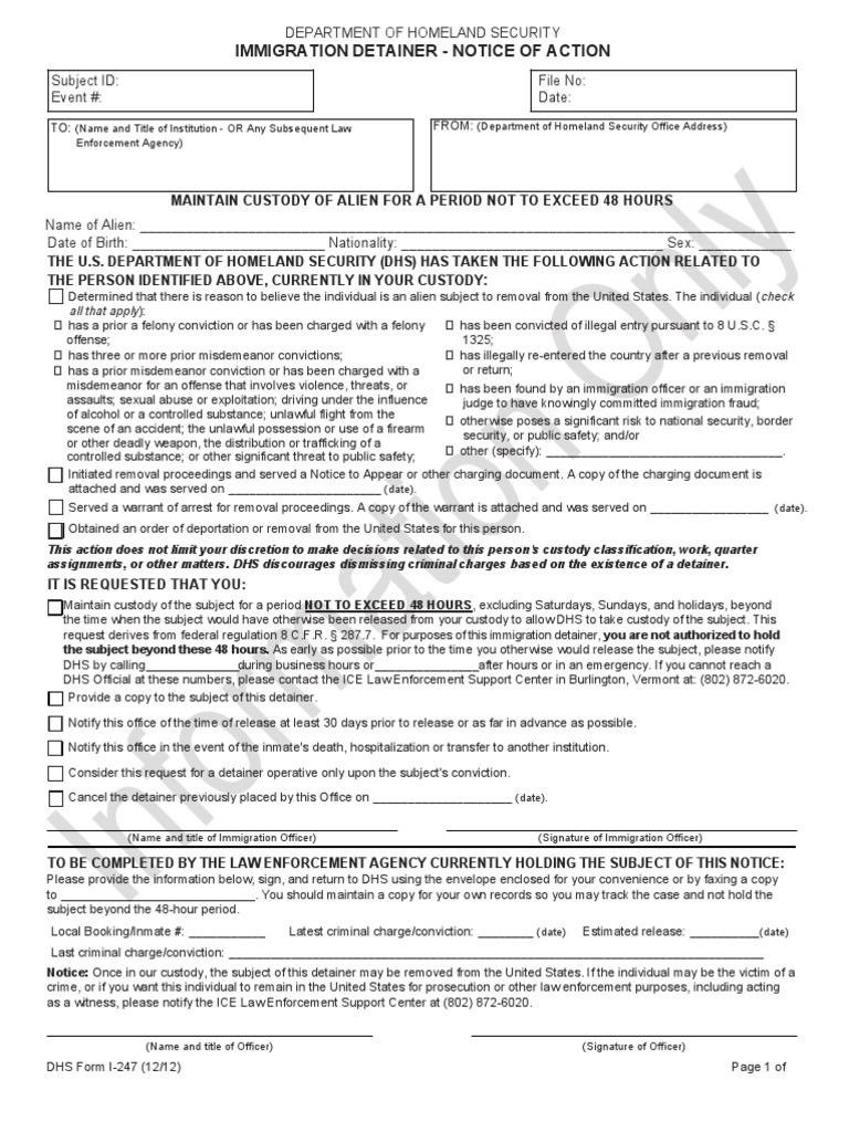 Immigration Detainer Notice Form I-247 | PDF | Jurisprudence | Public Law