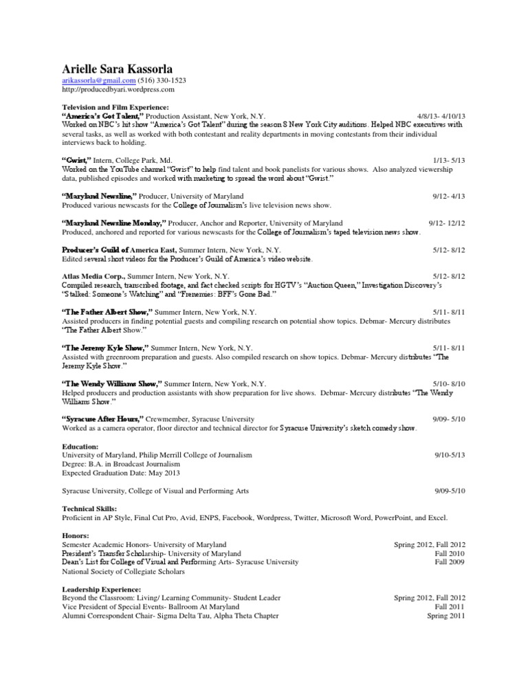 Arielle Kassorla: Media Production Resume | PDF | News Broadcasting ...