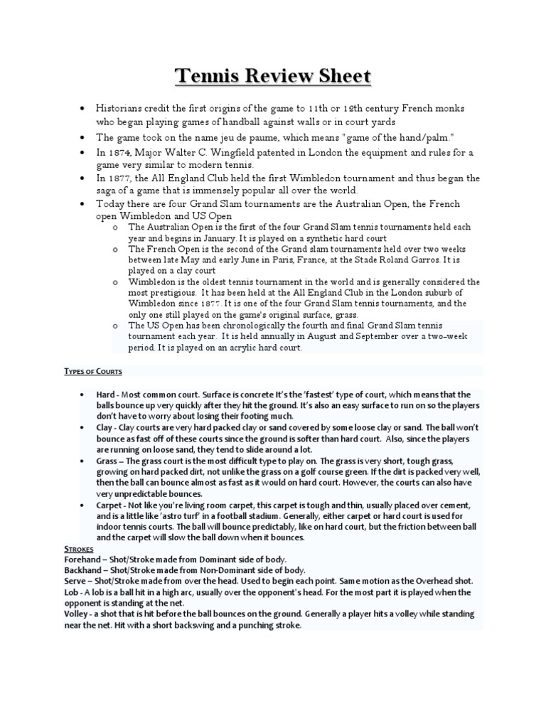 Tennis Review Sheet | PDF | Individual Sports | Games Of Physical Skill