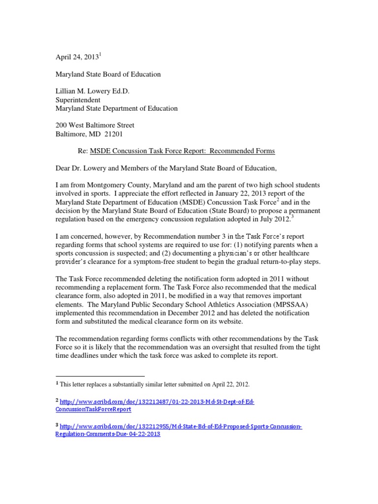 Parent Comment Letter To MSBE Re Concussion Forms 04-24-13 MC | PDF ...