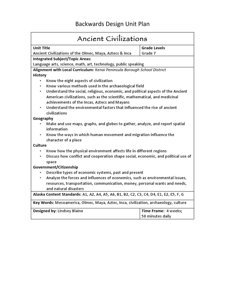 Ancient Civilizations Backward Design Blaine | PDF