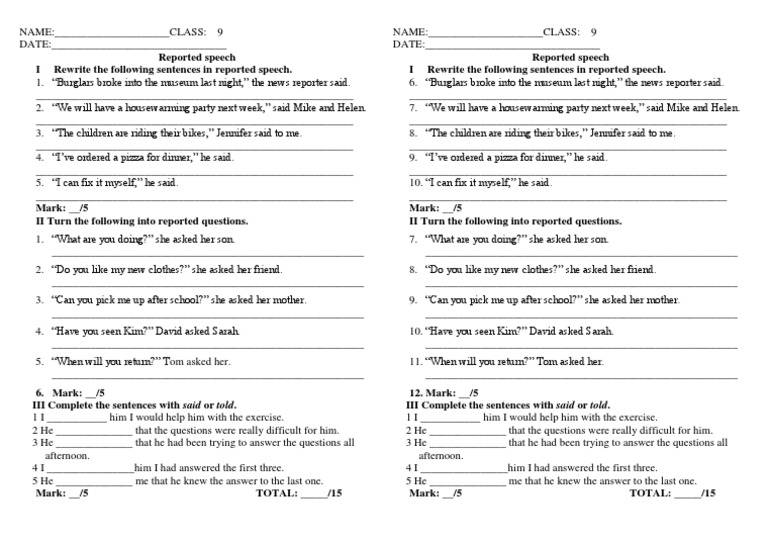 Reported Speech Chart | PDF