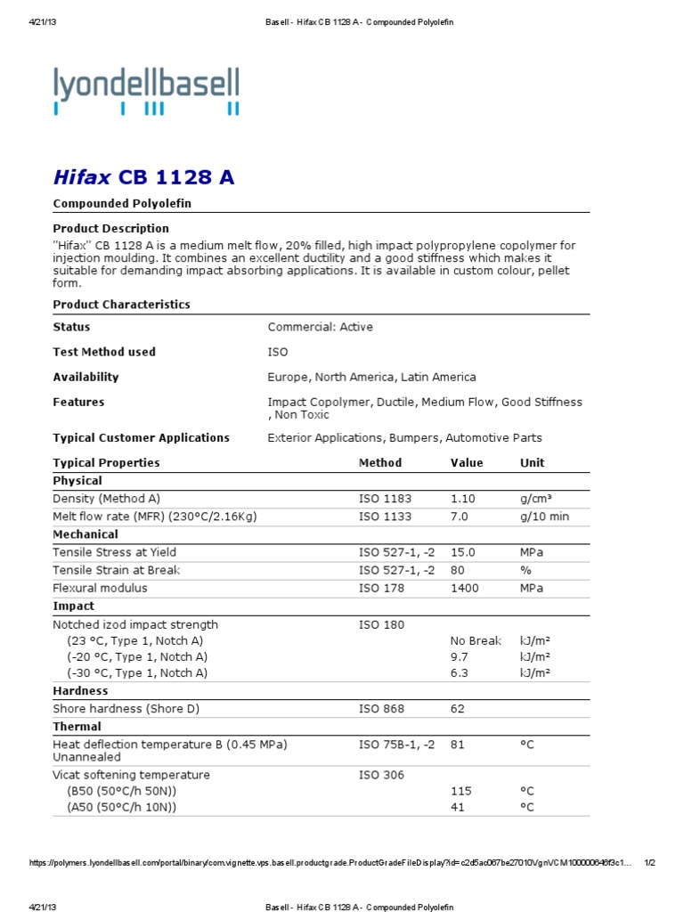 Basell - Hifax CB 1128 A - Compounded Polyolefin | PDF | Medical Device ...