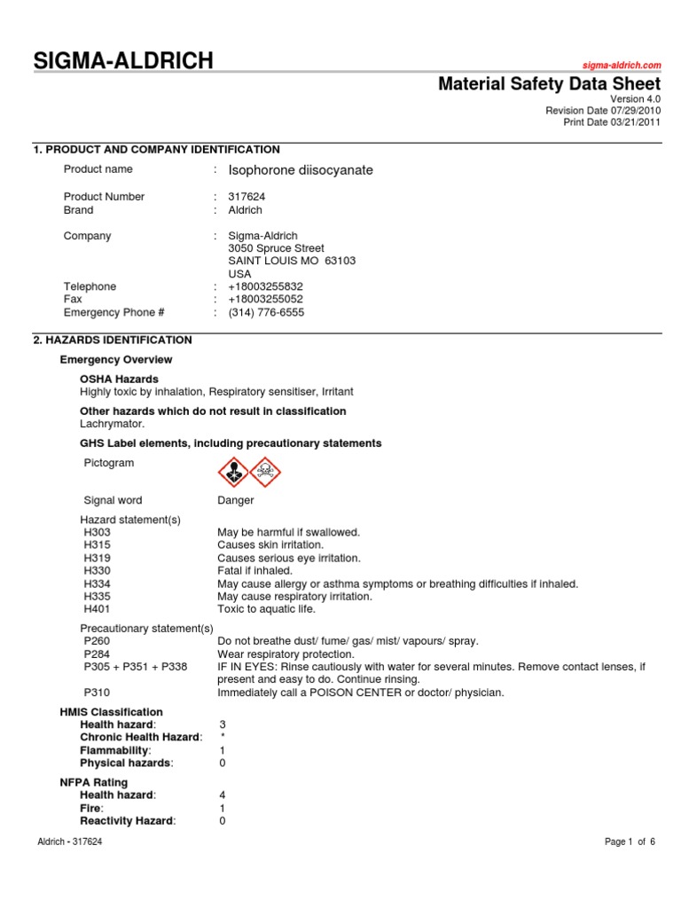 MSDS Isophorone Diisocyanate | PDF | Toxicity | Carcinogen