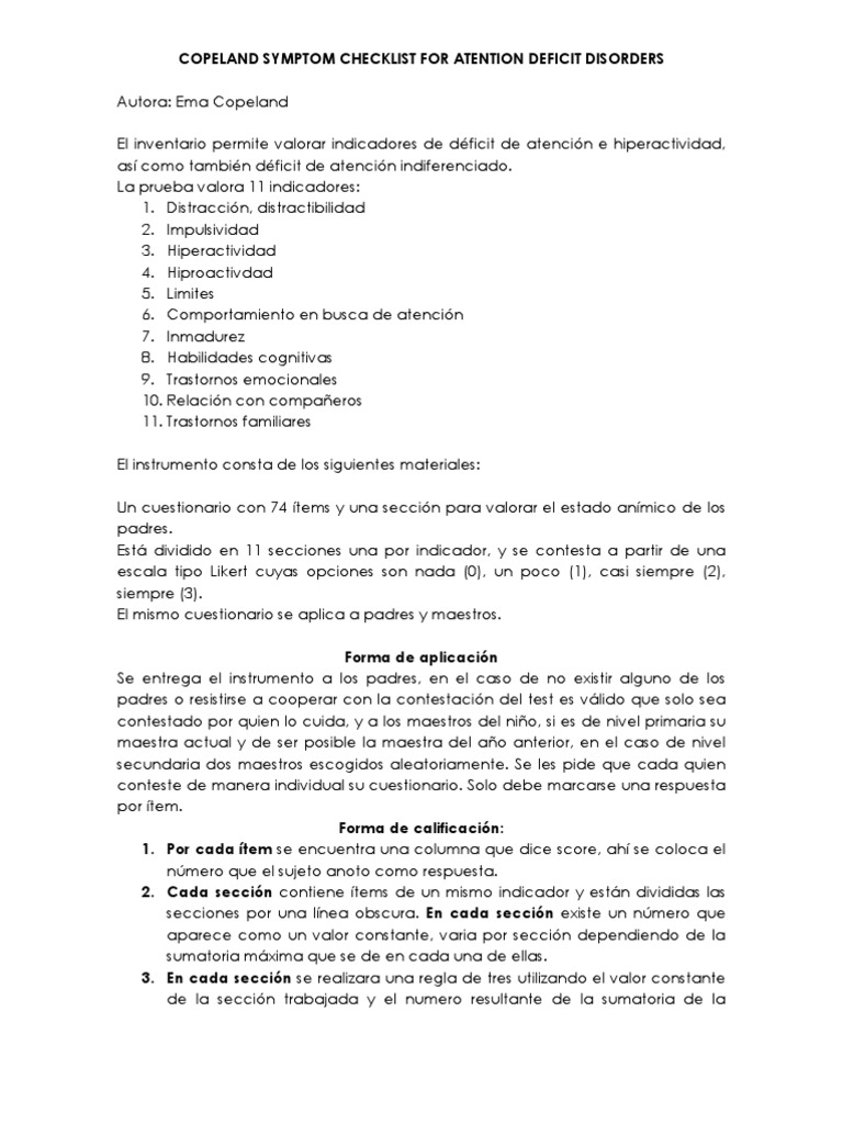 Copeland Symptom Checklist For Atention Deficit Disorders | PDF ...