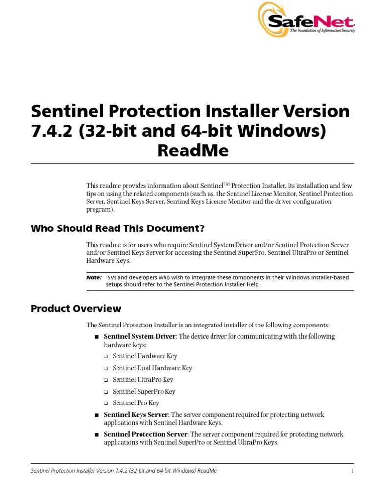 Sentinel Protection Installer Version 7.4.2 (32-Bit and 64-Bit Windows ...