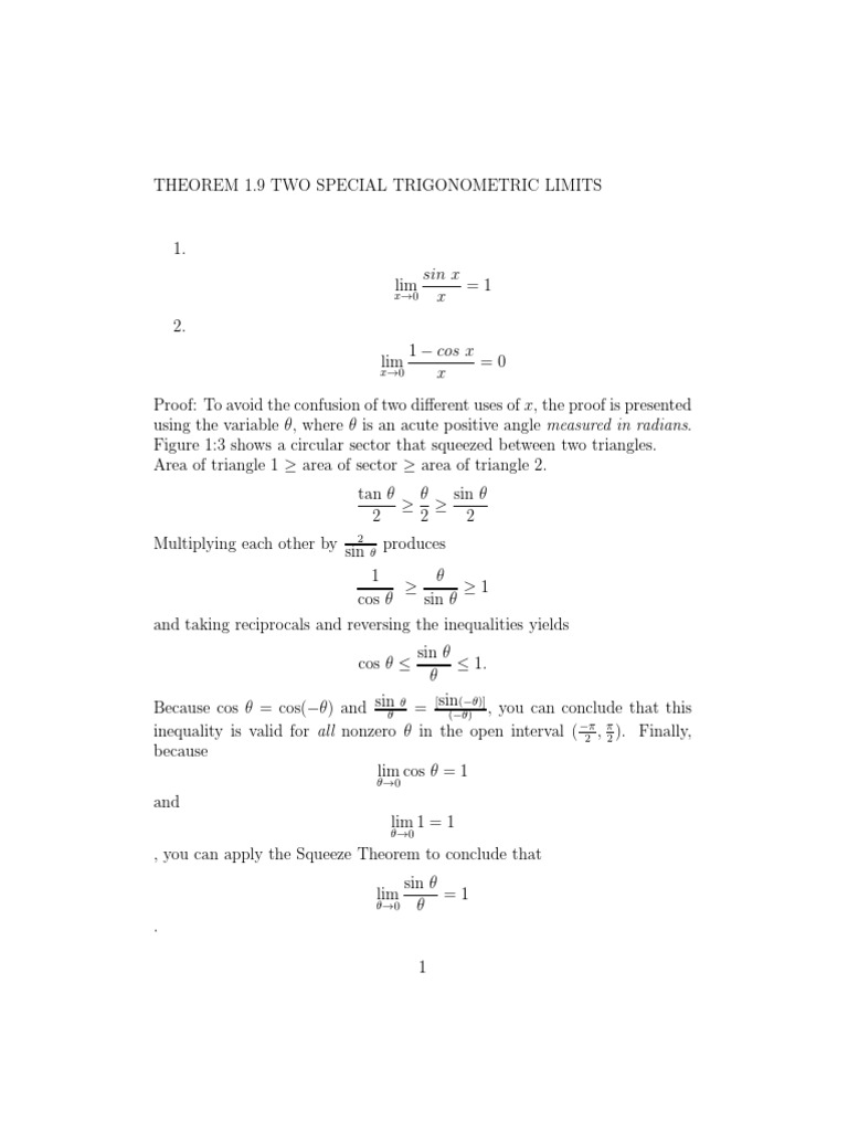 Calculus Chapter 1.3: Theorem 1.9 Two Special Trigonometric Limits ...