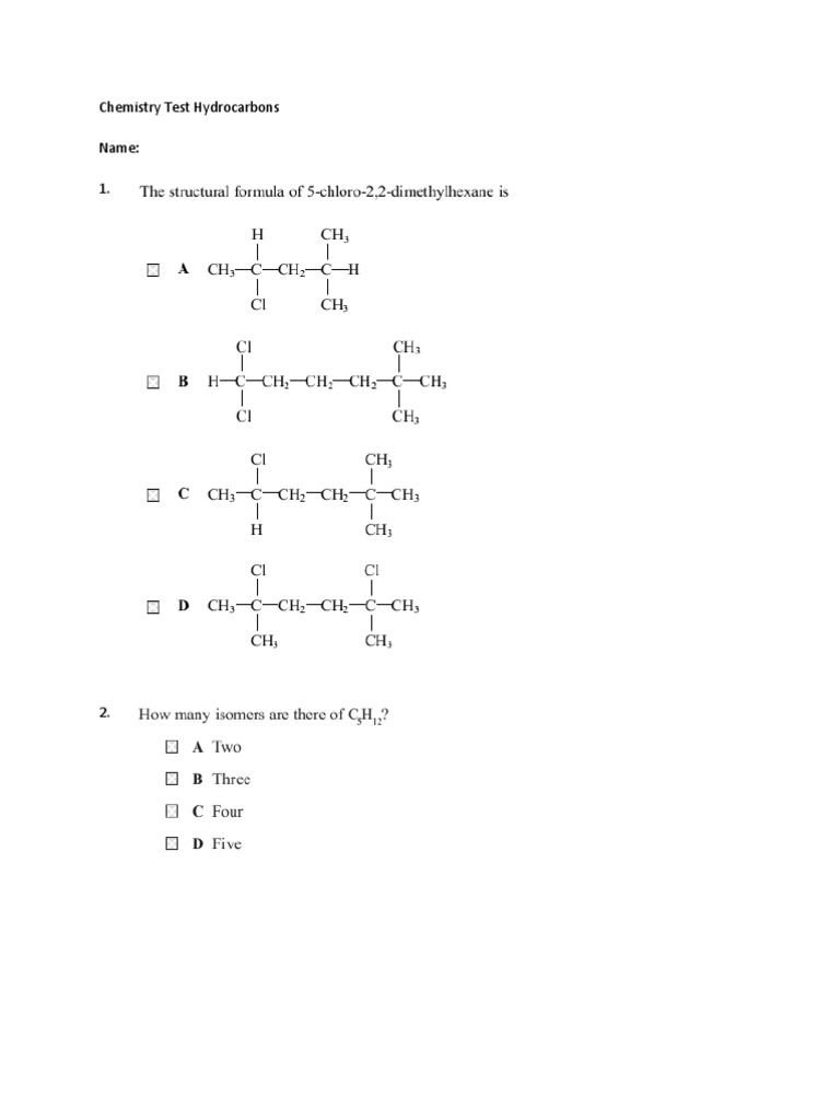 Chemistry Test Hydrocarbon h2 | PDF