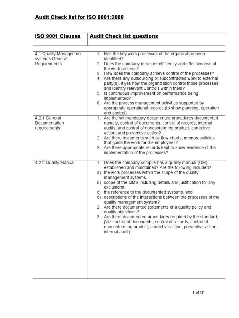 Audit Check List For ISO 9001 | PDF | Iso 9000 | Verification And ...