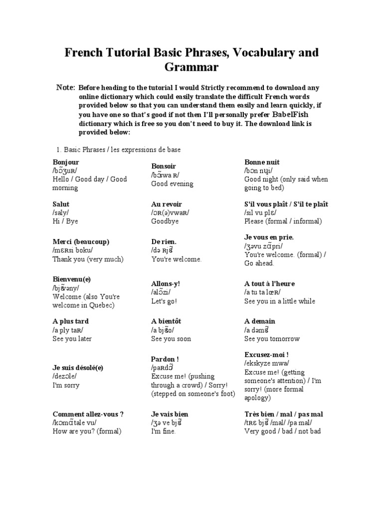 French Tutorial Basic Phrases, Vocabulary and Grammar: Babelfish | PDF ...