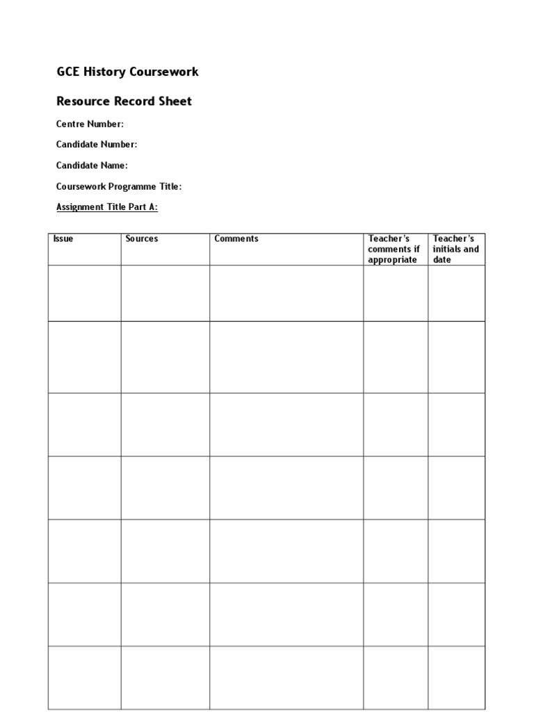 GCE History Coursework Resource Record Sheet | PDF