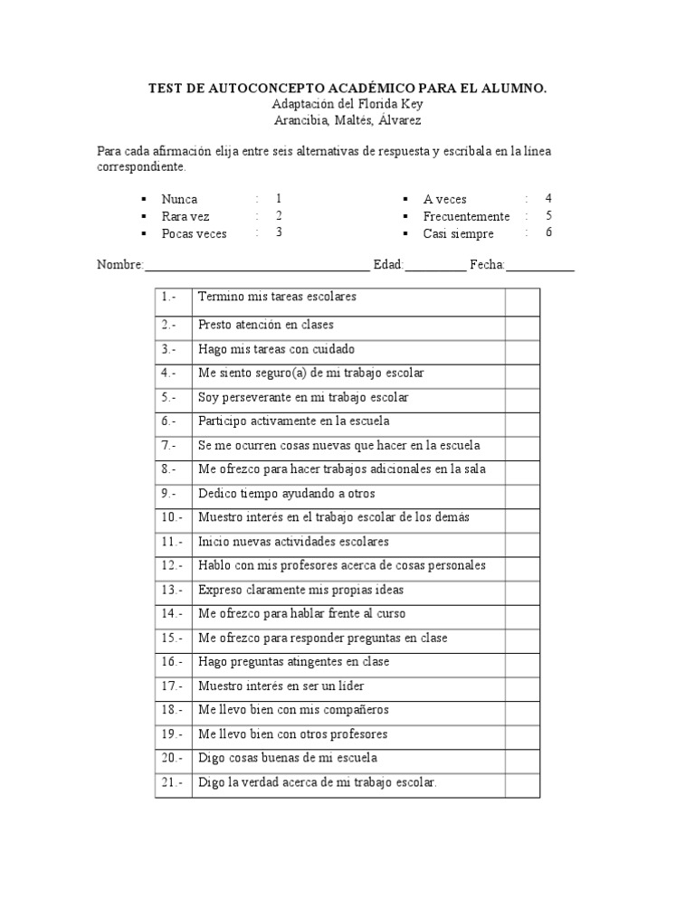 TEST DE AUTOCONCEPTO ACADÉMICO Alumno
