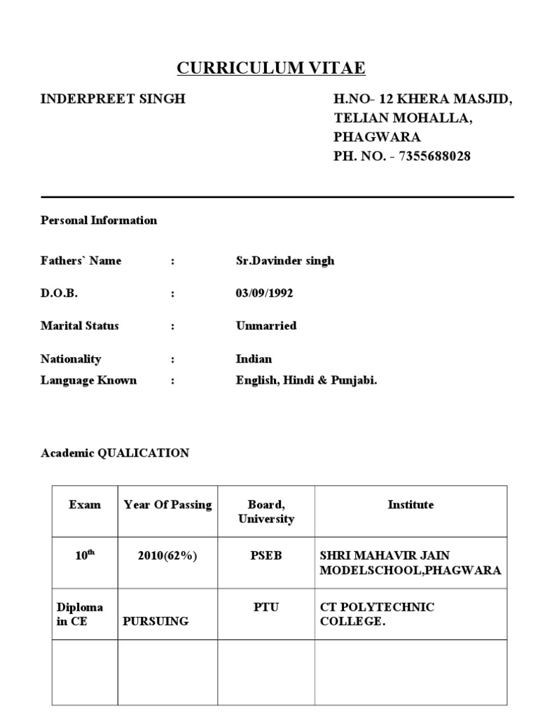 Curriculum Vitae: Inderpreet Singh H.No-12 Khera Masjid, Telian Mohalla, Phagwara PH. NO ...