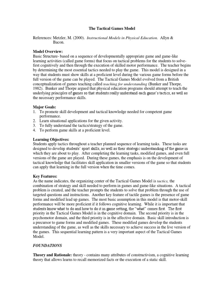 Tactical Games Model in PE Education | PDF | Teachers | Expert