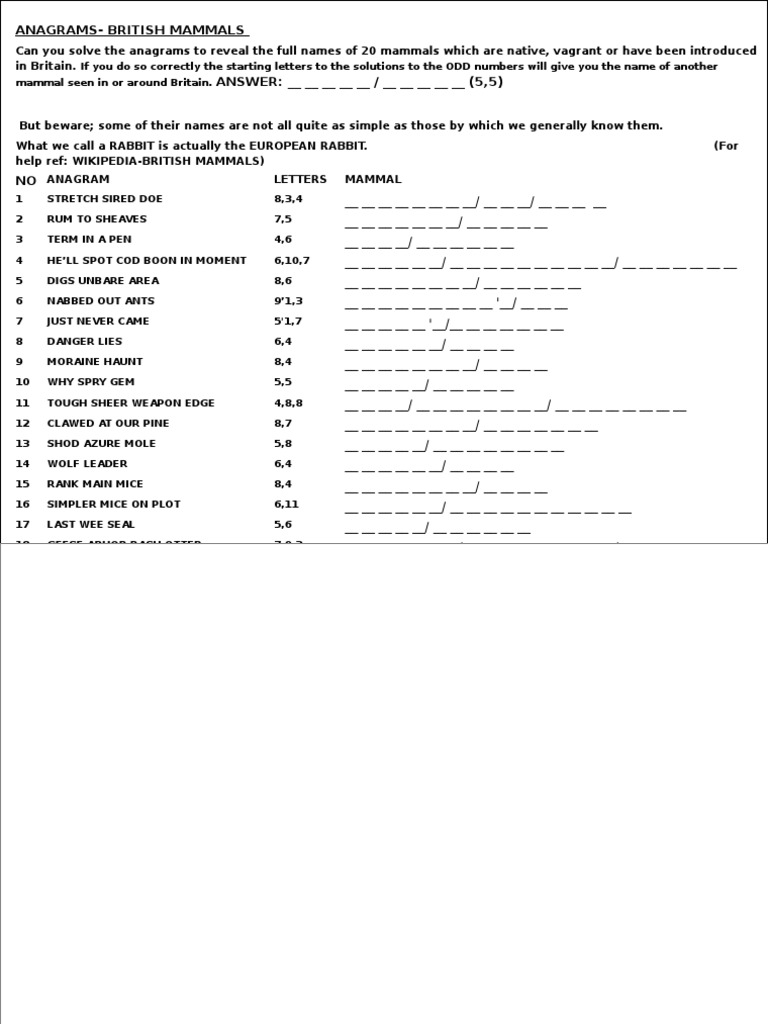 British Mammal Anagram Challenge | PDF