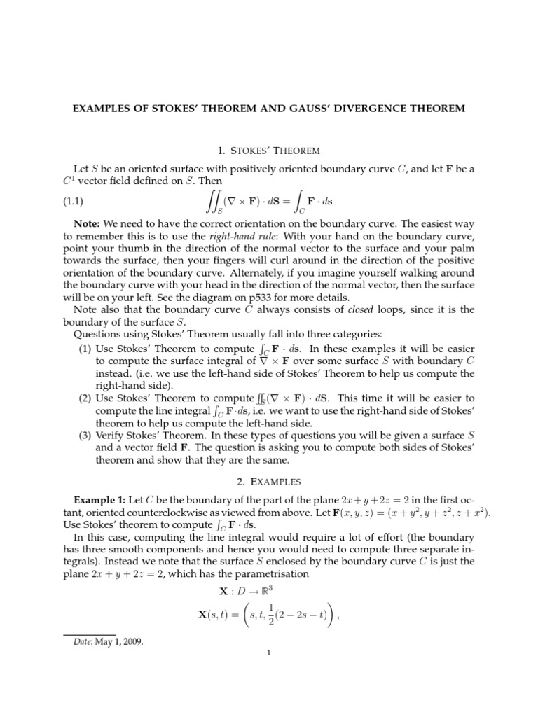 Examples of Stokes' Theorem and Gauss' Divergence Theorem | Download ...