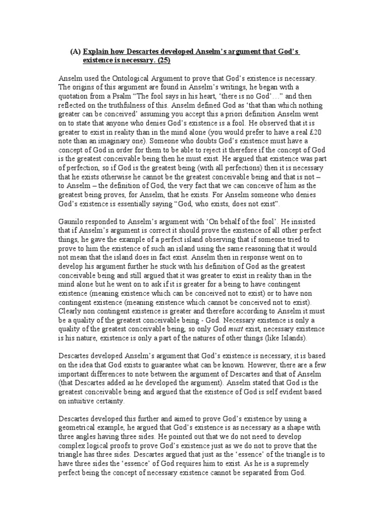 Explain How Descartes Developed Anselm's Ontolohical Argument | PDF ...