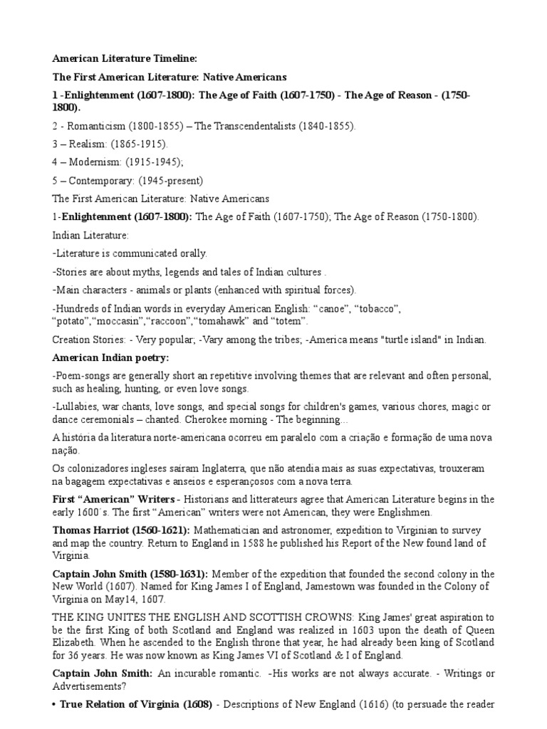 American Literature Timeline | PDF | Puritans | John Winthrop