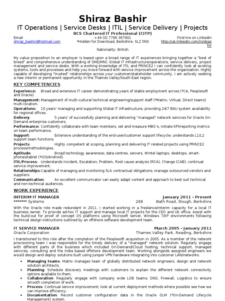 CV Resume Shiraz Bashir 30APR2013 - BOX | PDF | Itil | Ibm Notes