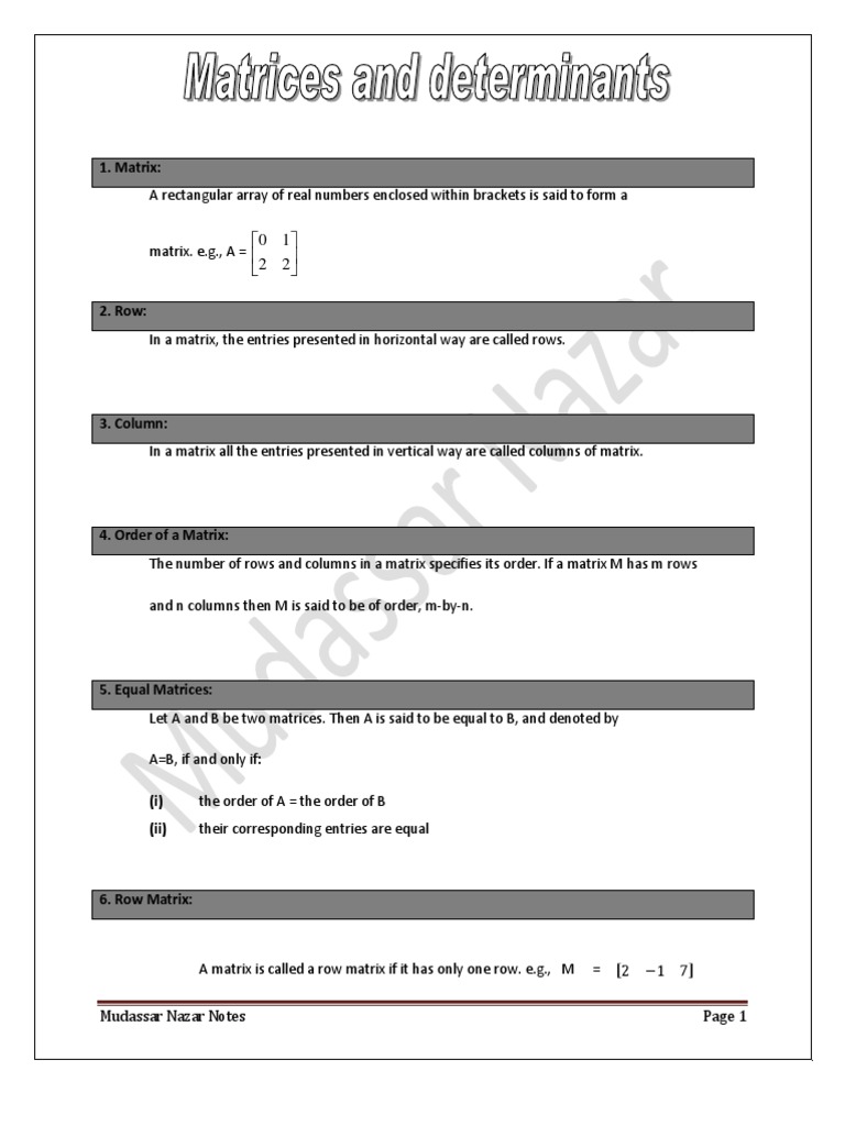 Unit 1 Matrices and Determinants Definitions | Download Free PDF ...