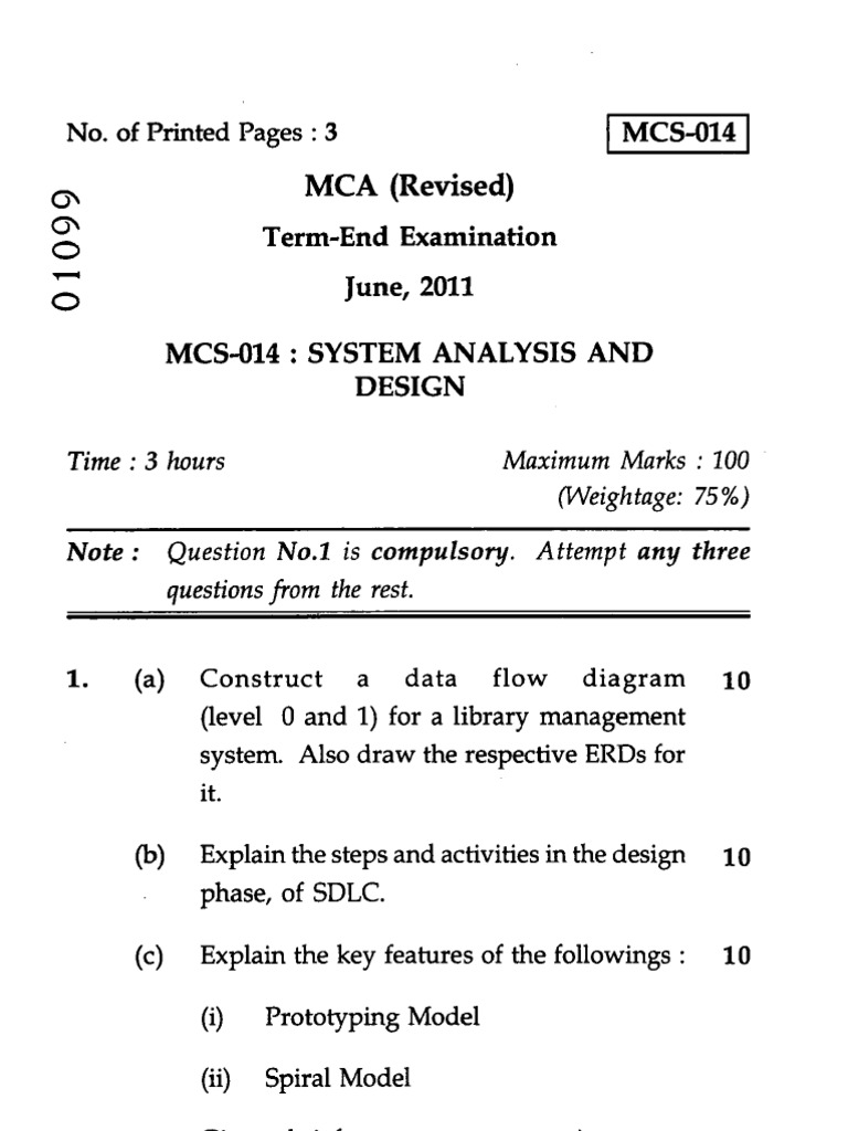 MCS-014 MCA (Revised) Term-End Examination June, 2011 Mcs-014: System ...