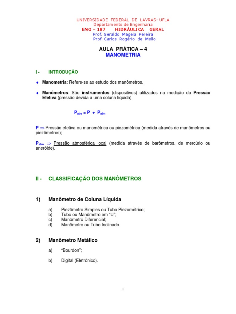 Manometria PDF | PDF | Medição de pressão | Pressão
