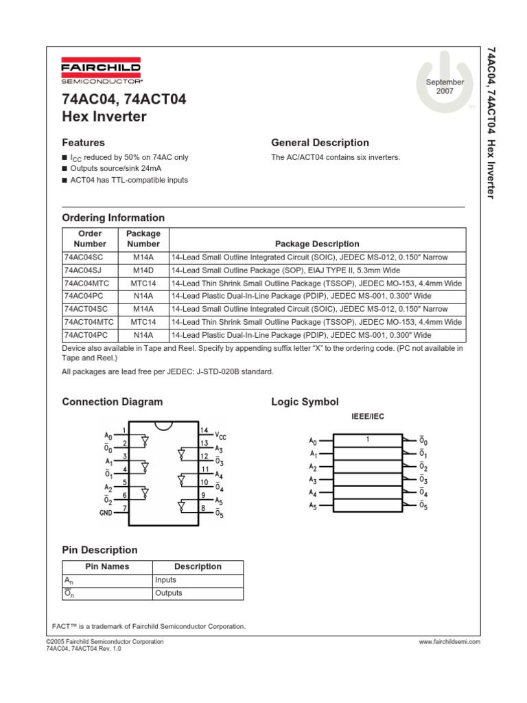 74AC04, 74ACT04 Hex Inverter: Features General Description | PDF ...