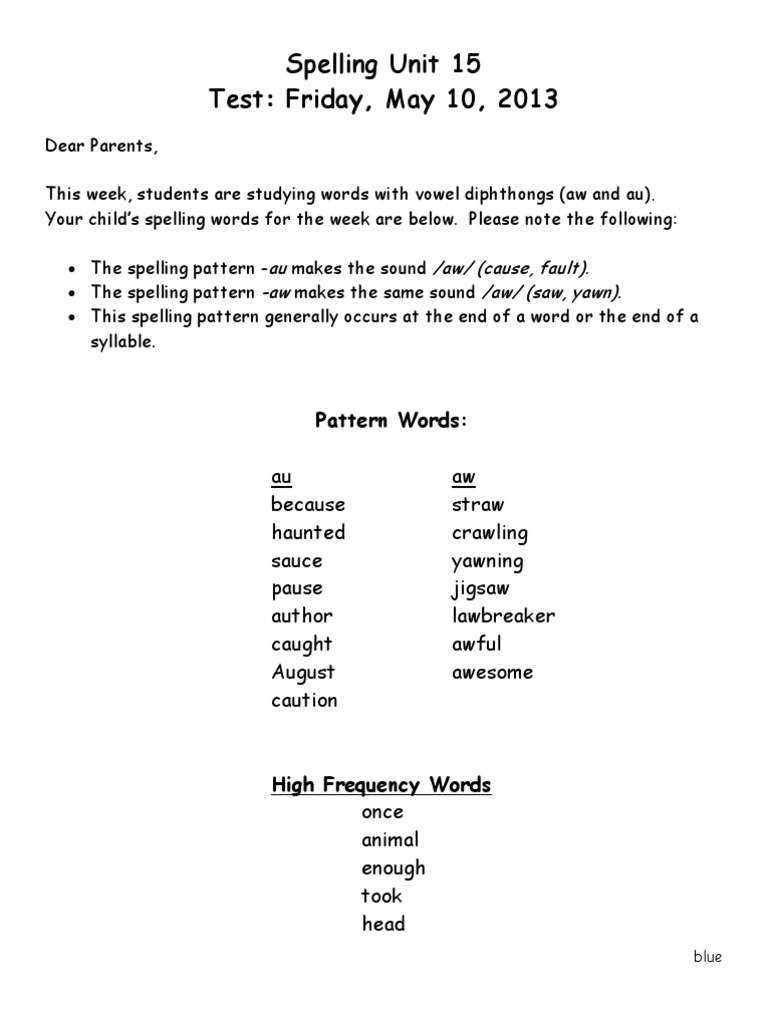Vowel Diphthongs Spelling Unit 15 | PDF