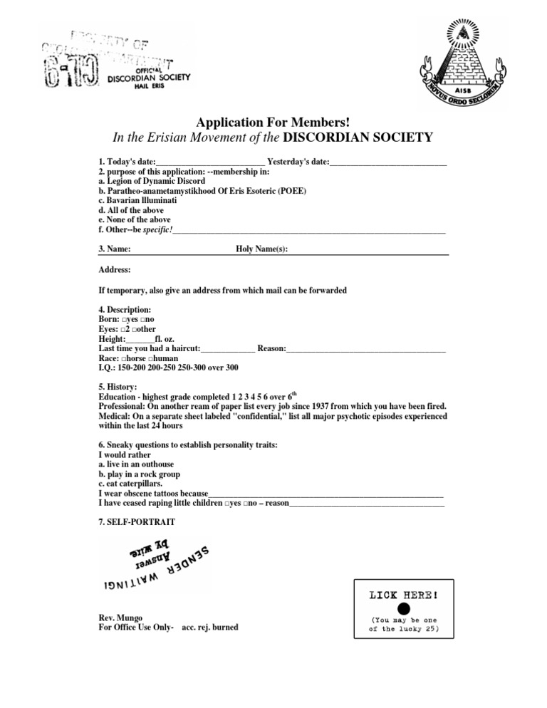 Application For DISCORDIAN SOCIETY Membership | PDF