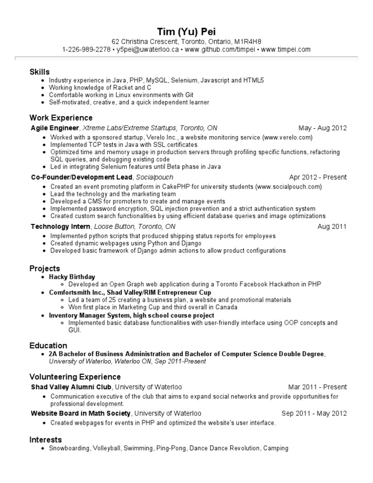 Resume for coop student | Websites | Php