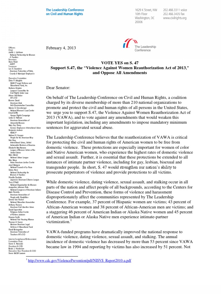 VAWA Letter Supporting S 47-02-01 13 | PDF | Violence | Domestic Violence