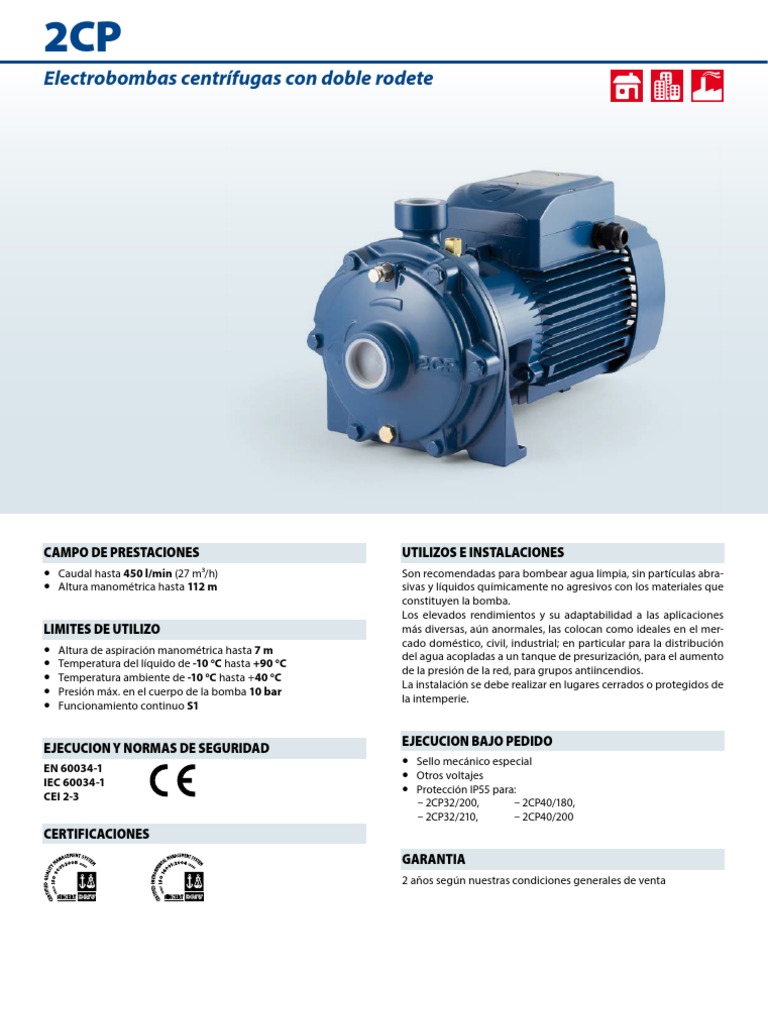 Electrobombas centrífugas con doble rodete | PDF | Bomba | Física ...