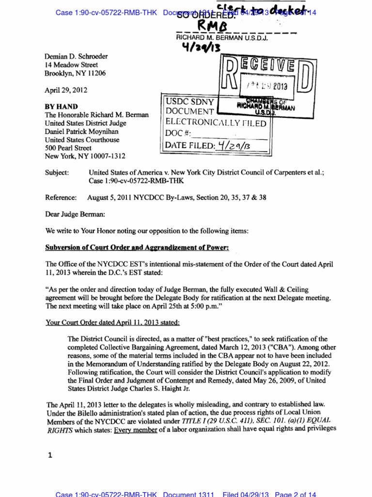 4-29-13 DDS Letter To RMB Doc. 1311 | PDF | Ratification | By Law