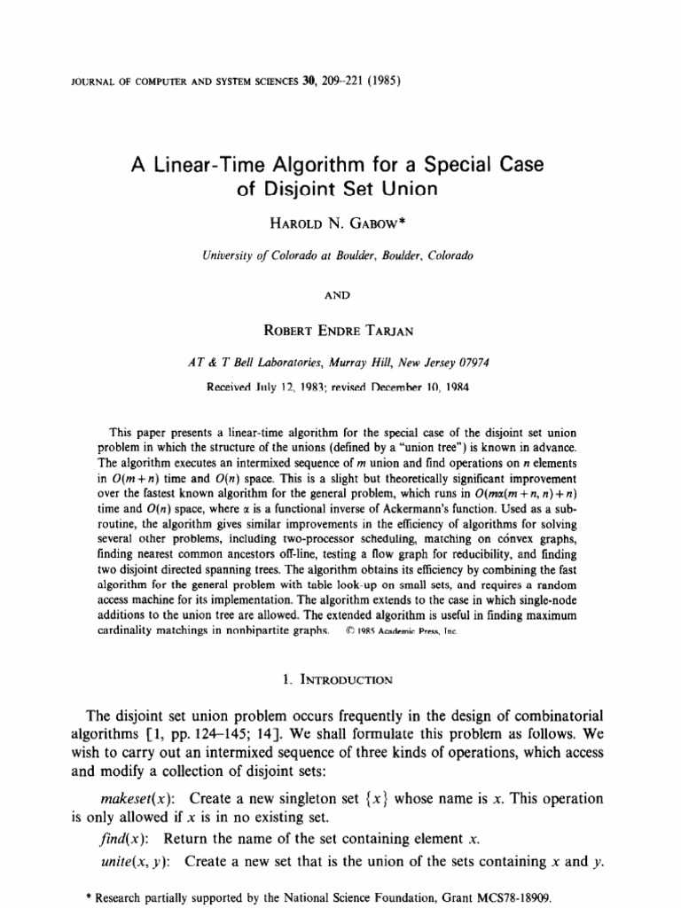 Liniar Time Disjoint-Set by Tarjan | PDF | Time Complexity | Array Data Structure