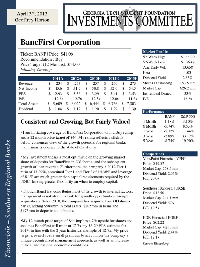 BancFirst (BANF) Initiation Report | PDF | Banks | Euro