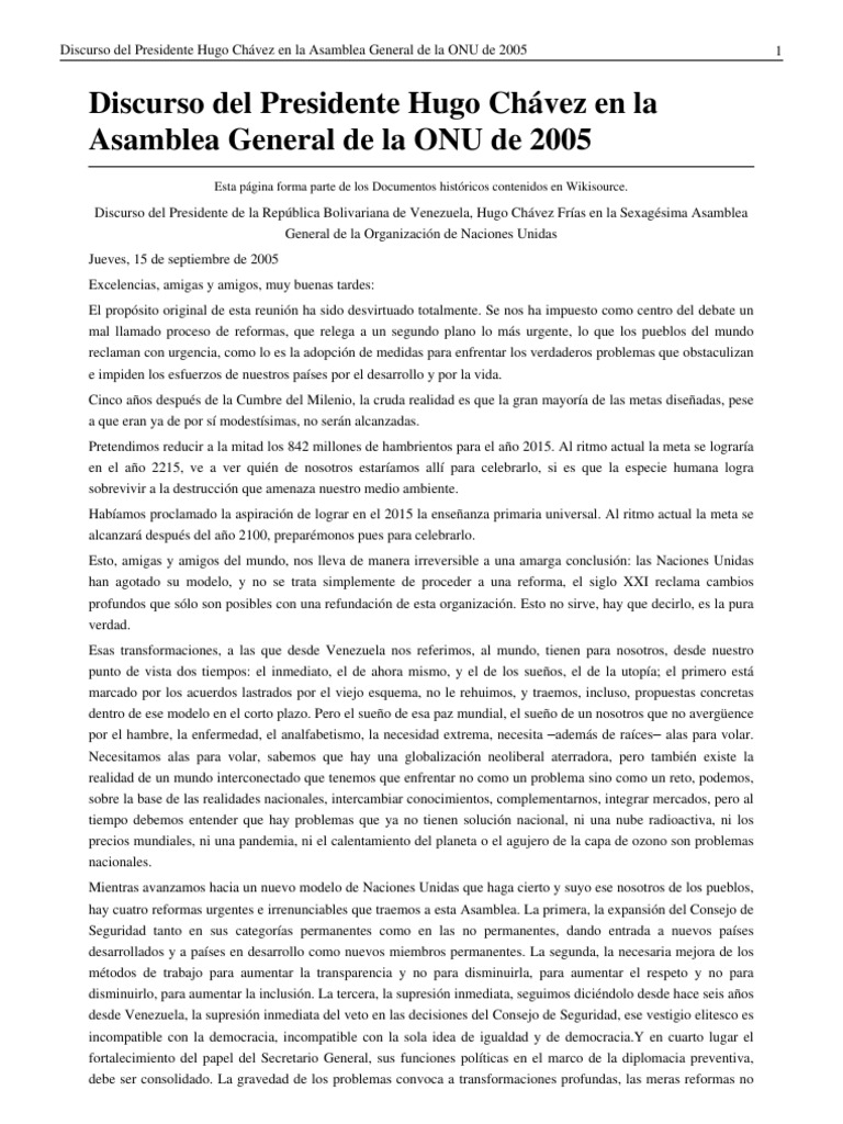Discurso Del Presidente Hugo Chávez en La Asamblea General de La ONU de ...