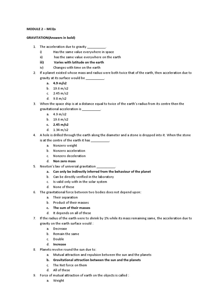 Gravitation MCQs with Answers | PDF | Gravity | Mass
