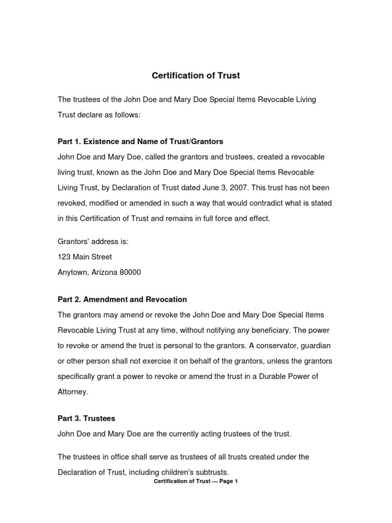 NFA Certification of Trust | PDF | Trust Law | Trustee