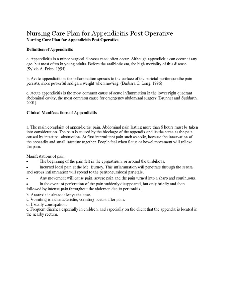 Nursing Care Plan For Appendicitis Post Operative | PDF | Nausea | Pain