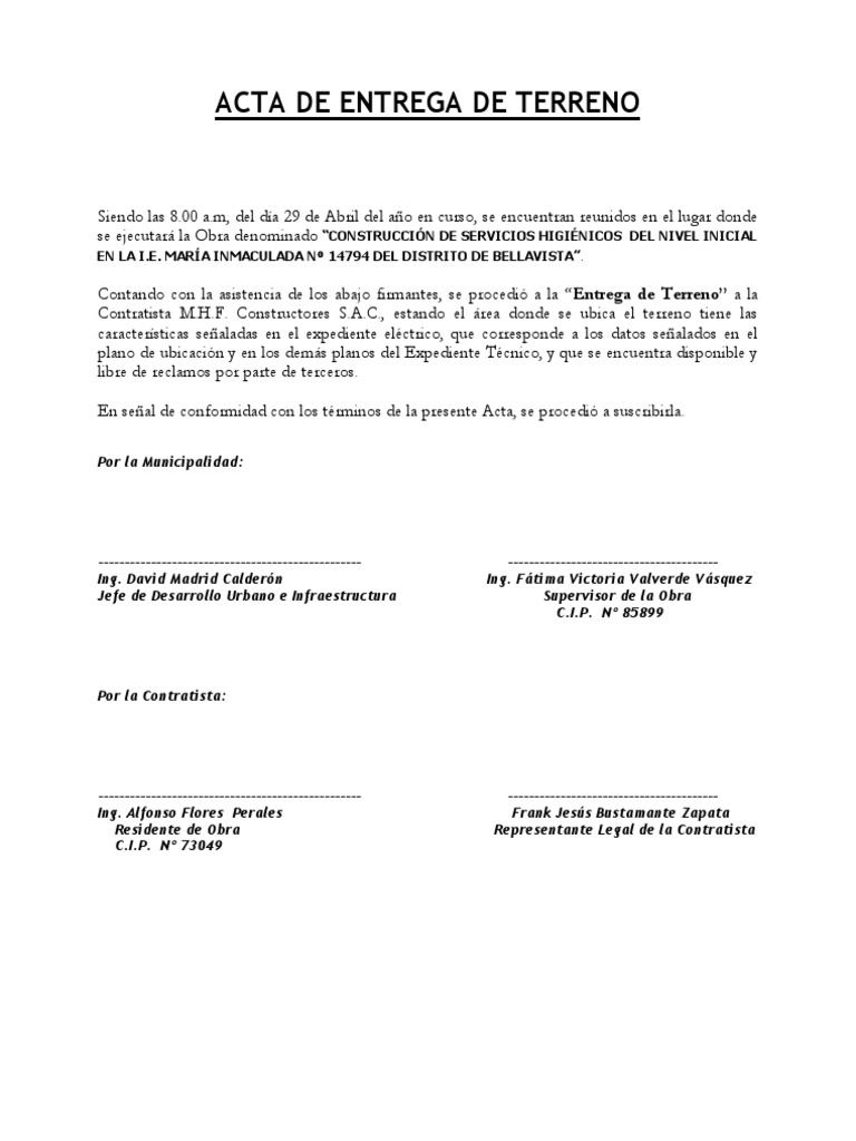 Acta de Enretga de Terreno Pato | PDF