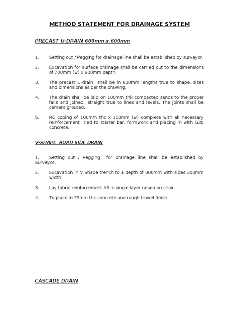 Method Statement for Drainage Installation | PDF | Drainage | Concrete
