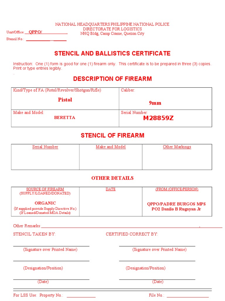Stencil & Ballistic Form | PDF | Firearms | Ammunition